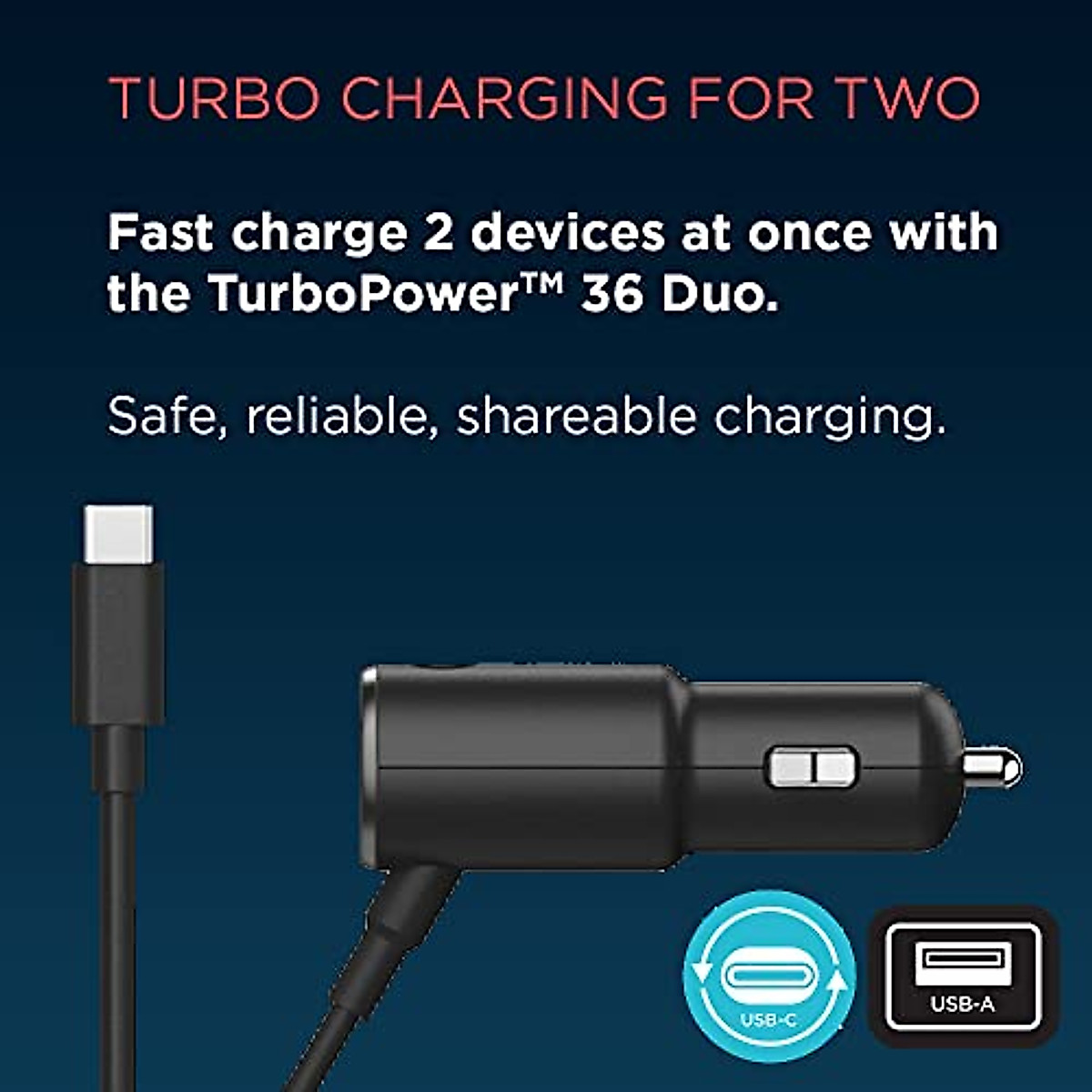Motorola TurboPower 36 Duo USB-C Car Charger- 18W USB-PD Fixed Type C Cable + 18W QC3.0 Port - Simultaneous Turbo Charging for Moto G Power/Stylus/Fast,G6,G7 Power/Supra,X4,Z,Edge/Edge+/Razr/One 5G