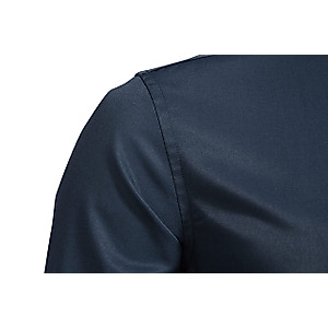 VANCOOG Men's Mandarin Collar Long Sleeve Casual Interview Formal Business Dress Shirt Camisas De Vestir Para Hombres-Navy Blue-L