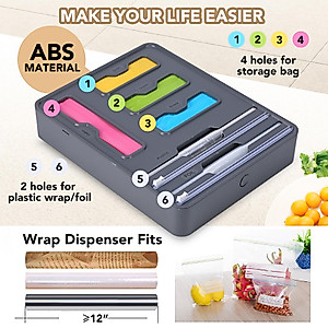 CiWiVOKi Storage Bag Organizer for Kitchen Drawer, Foil and plastic Wrap Organizer with Cutter, Plastic Kitchen Organizers and Storage for Sandwich Gallon Quart Snack Bags, 12" Aluminum Foil, Grey