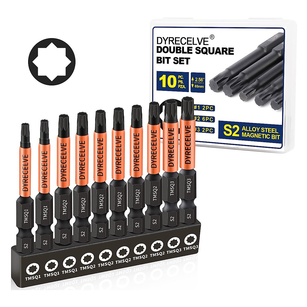 10-Pack 8 Point Star Bit - Professional 8 Point Torx Bit (Magnetic Heads & Hex Shank) - Double Square Bit Set Made of Premium S2 Alloy Steel - 8 Point Star Bit for Trailer - Sizes #1, #2 and #3