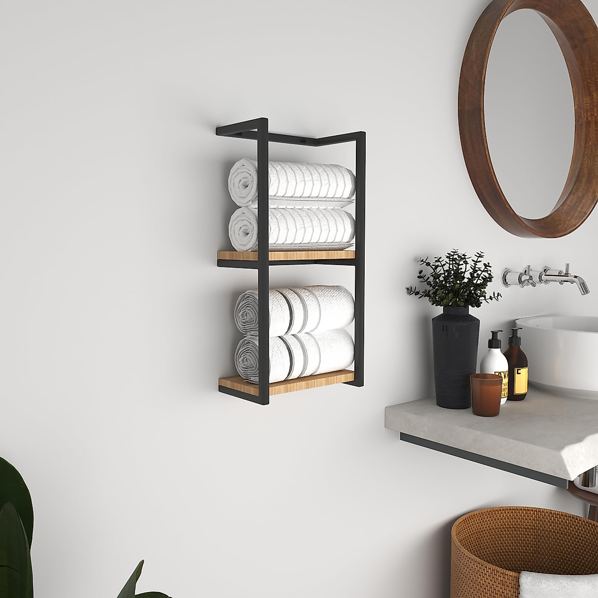 2-Tier Bathroom Shelf, Wall Mounted Storage for Towels and Blankets, Wood and Metal Frame, Anti-Rust Rustic Towel Rack with Shelf for Toiletries, Bathroom, Bedroom, and Potted Plants (Large)