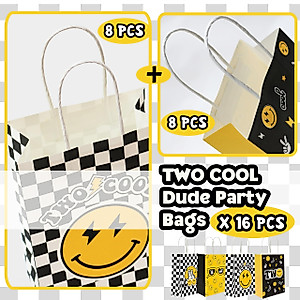 WCOSAM Two Cool Dude Smile-Themed Party Favor Gift Bags, Two Cool Second Birthday Party Goodie Paper Bags for Yellow Black Lightening Checkered Theme Party Decor (16 PCS)
