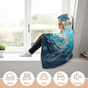 Hooded Blankets Blue Ocean Fish Wearable Hooded Blankets Nature Nautical Ocean Flannel Soft And Comfortable Fit for Kids Adults Teens for Sofa Lounge Bed Napping 50"x60" Spring Summer Blanket Hoodie
