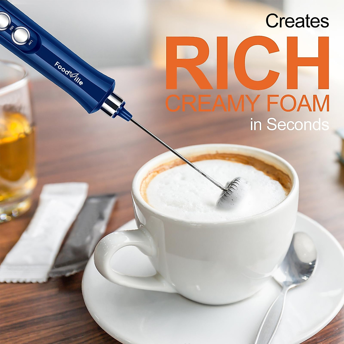 FoodVille MF02 Rechargeable Milk Frother Handheld Foam Maker with Stainless Whisk for Cappuccino, Latte, Bulletproof Coffee, Keto Diet, Protein Powder, Matcha (Classic Blue)