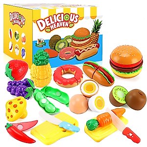 33pcs Cutting Pretend Play Food Toys for Kids Kitchen Set Playset Accessories BPA Free Peel & Cut Toy Food Fruits and Vegetables Toys, Christmas Birthday Gift for Toddlers Girls Boys Kids Storage Box