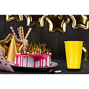 DecorRack 80 Party Cups, 16 oz -BPA Free- Plastic Soda Cups, Perfect for Birthday, Picnic, Indoor and Outdoor Event, Stackable, Reusable, Disposable Cup, Yellow (Pack of 80)