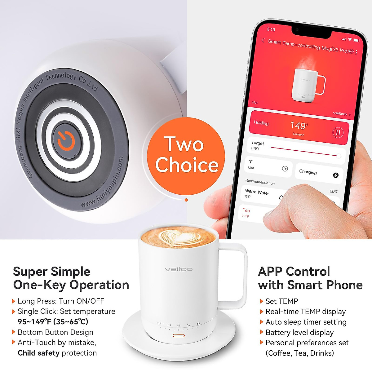 vsitoo Temperature Control Heated Coffee Mug S3PRO 14 Oz, Smart Self Heating Travel Mug with Manual & APP Controlled Coffee Warmer, Rechargeable and Battery Powered, LED Light, Auto Off (White)