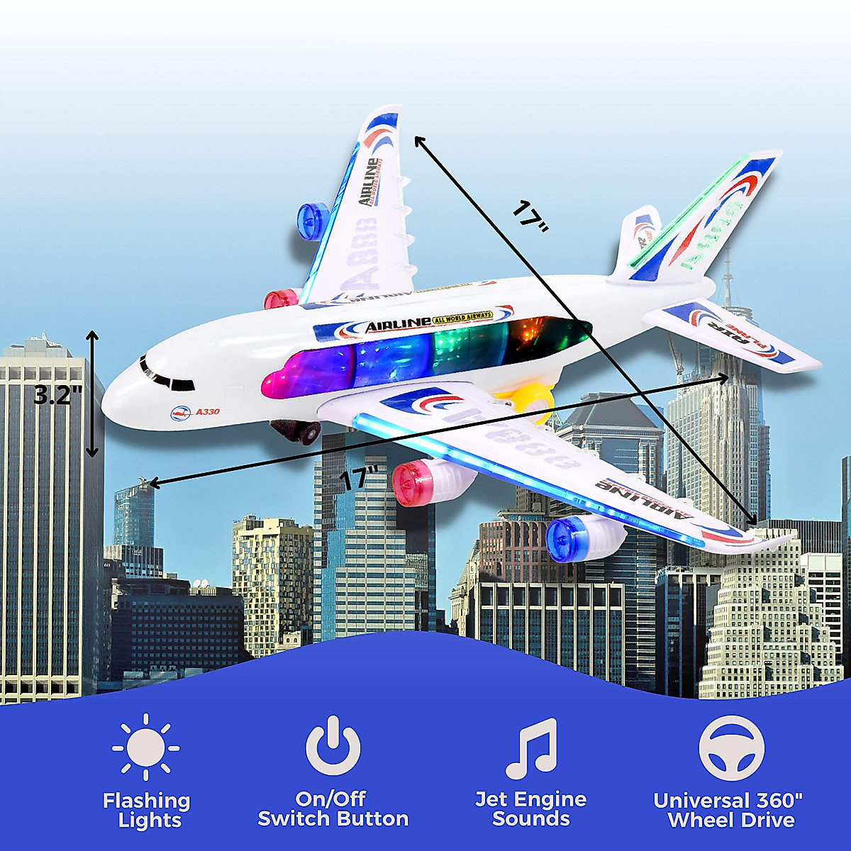 Bump & Go Airplane Toy for Kids - Battery-Operated Toys, Passenger Big Plane with LED Lights & Music, Model Replica Airplanes for Boys - Planes for 3 Year-Old Children & Above