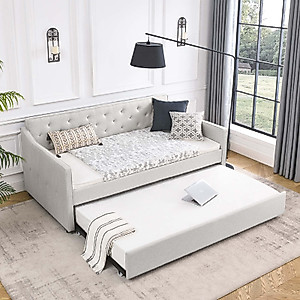 Antetek Daybed with Trundle, Fabric Upholstered Twin Size Day Bed Pull-Point Sofa Daybed Frame w/Twin Roll-Out Trundle, No Box Spring Needed, Furniture for Bedroom, Living Room, Guest Room, Beige