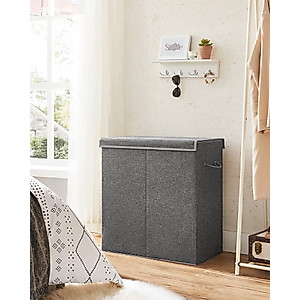 SONGMICS 37.5 Gal. Foldable Laundry Basket with 2 Compartments, Magnetic Lid and Handles, Removable Liner Bag, Dark Gray