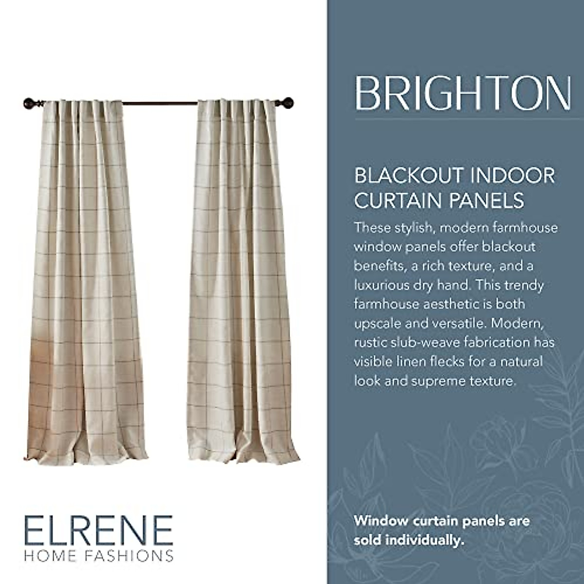 Elrene Home Fashions Brighton Windowpane Plaid Blackout Window Curtain, Living Room and Bedroom Drape with Rod Pocket Tabs, 52" x 84", Linen, 1 Panel