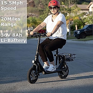 Electric Scooter for Adults, 20 Miles Range 15.5MPH Foldable Commuter E-Scooter with Seat, 450W Powerful Motor 36V 8Ah Battery 12" Air Tire Sport Scooters with Basket (Black)