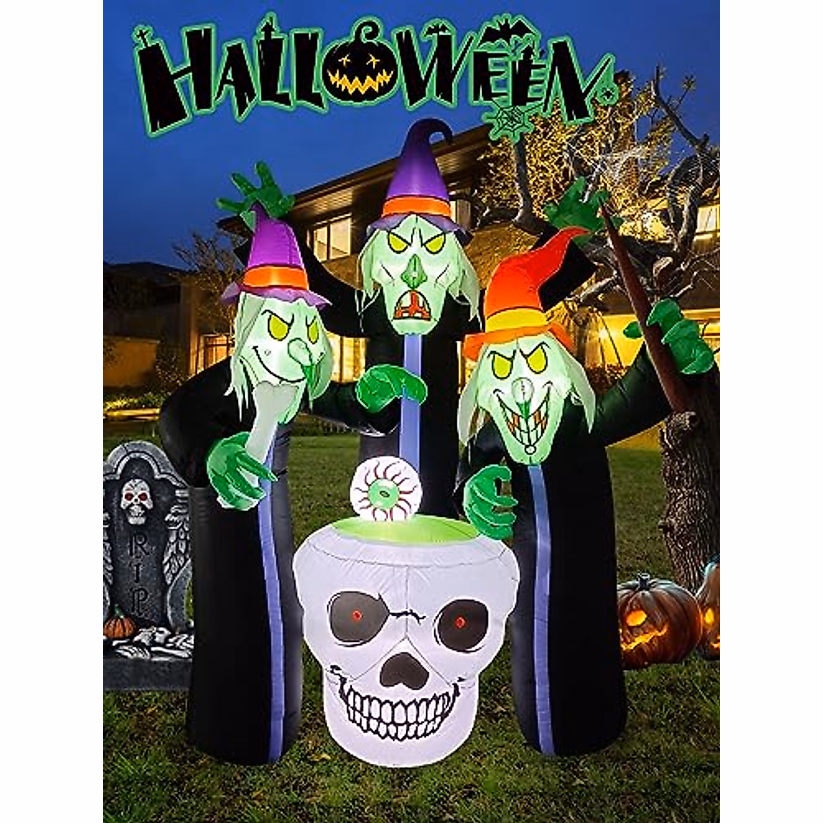 Lanstics Halloween Inflatable Outdoor, 6.2FT Witch Inflatable Yard Decoration 3 Witch Around Cauldron with LED Light Green Eye Skull Halloween Blow Up Decoration for Lawn Party Home Decor…