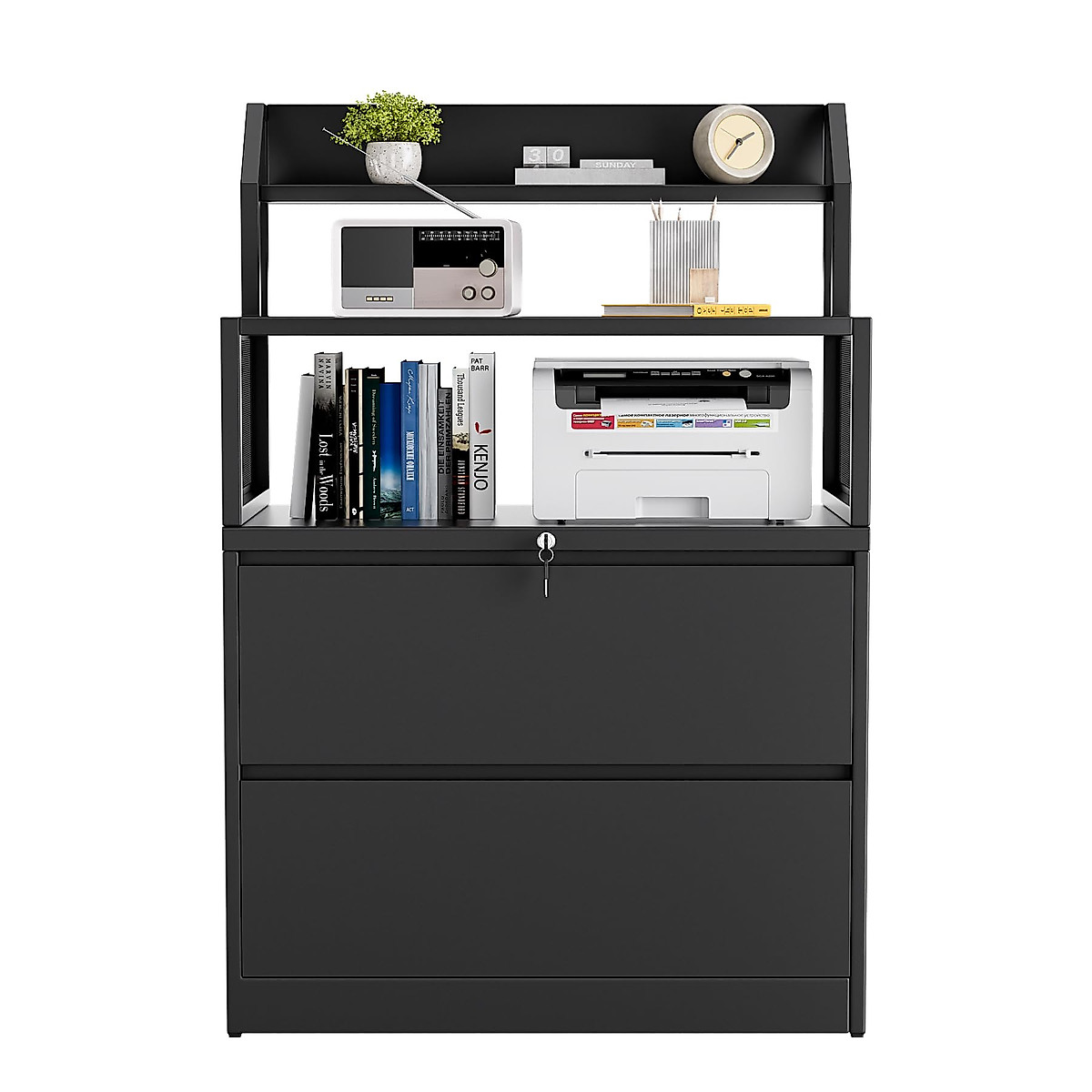 OUYESSIR 2 Drawer File Cabinet with Lock, Filing Cabinets with Storage Shelves for Home Office, Lateral File Cabinet in Steel Metal, Office Storage Drawers for Legal, Letter, A4 File (Black)