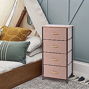 DHMAKER Vertical Dresser Storage Tower, Steel Frame, Wood Top, Easy Pull Textured Fabric Bins - Organizer Unit for Bedroom, Hallway, Entryway, Closets - 4 Drawers- CAMEL