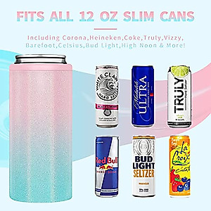 Fanfeigo Slim Can Cooler for Skinny Beer Beverage Stainless Steel Double Wall Vacuum Insulated Drink Holder for 12 oz Regular or Slim Cans & Bottles Cooler (Shiny Pink-Blue)