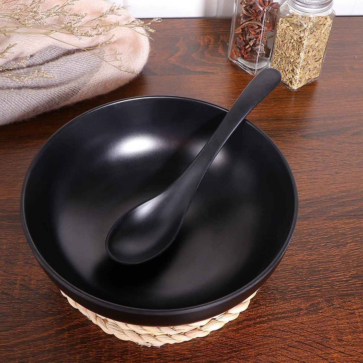 6PCS Asian Soup Spoons Chinese Soup Spoons Japanese Soup Spoons Spoons Rice Spoons Black Melamine Spoons Tableware for Ramen Wonton Dumpling Miso