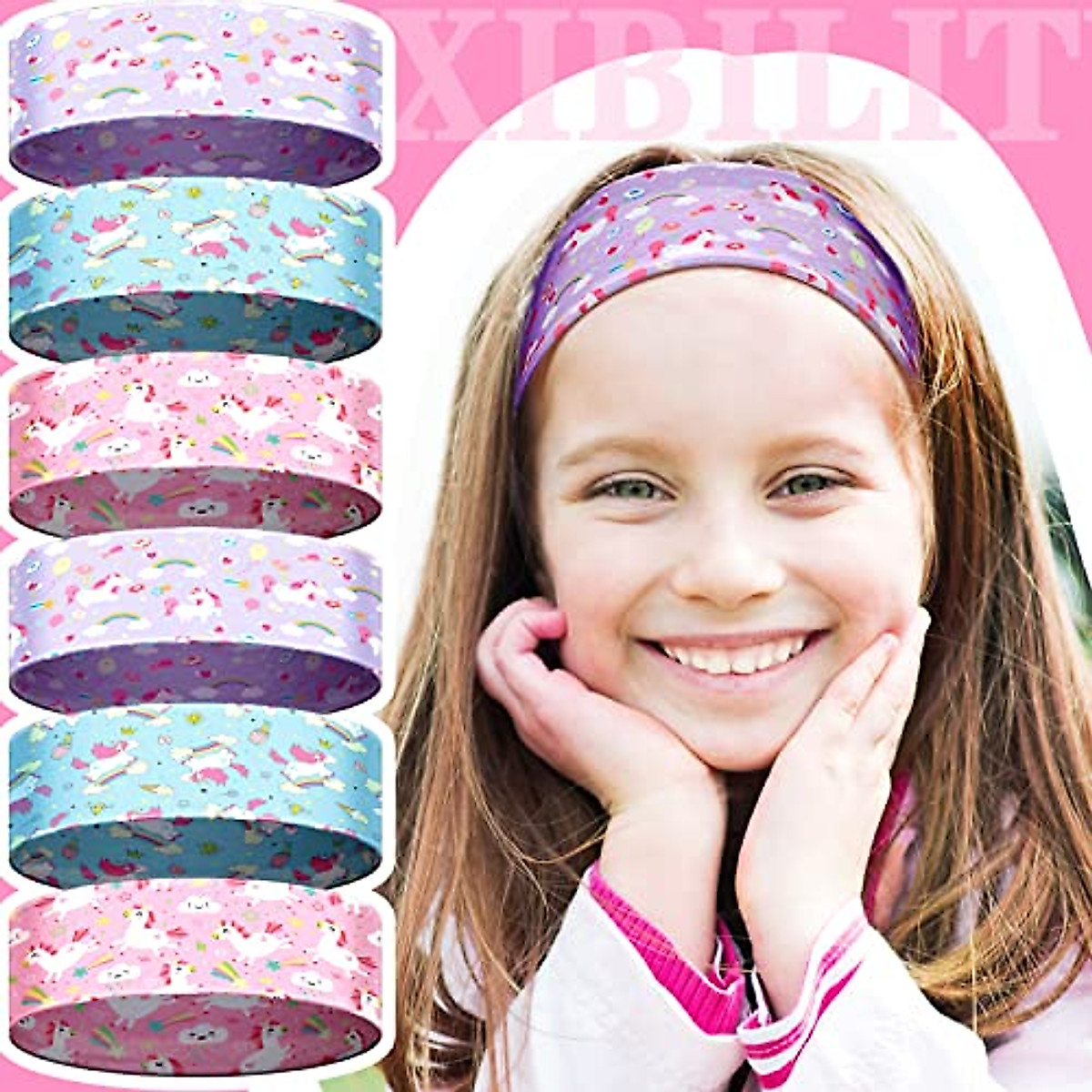 6 Pieces Unicorn Headbands for Girls Cute Elastic Bandeau Adjustable Wide Rainbow Headband No Slip Little Girl Hair Accessories Neck Gaiter Party Favors Stretch Hippie Turban for Children Kids Toddler