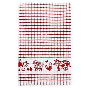 Cackleberry Home Barnyard Animals Windowpane Check Cotton Terrycloth Kitchen Towels, Set of 4 (Red)