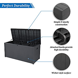 VINGLI Upgraded 113 Gallon Outdoor Storage Box, Lockable Plastic Storage Containers with Lid, Wooden Grain Surface Deck Box Patio Furniture for Garden, Pool, Balcony, Yard (Grey)