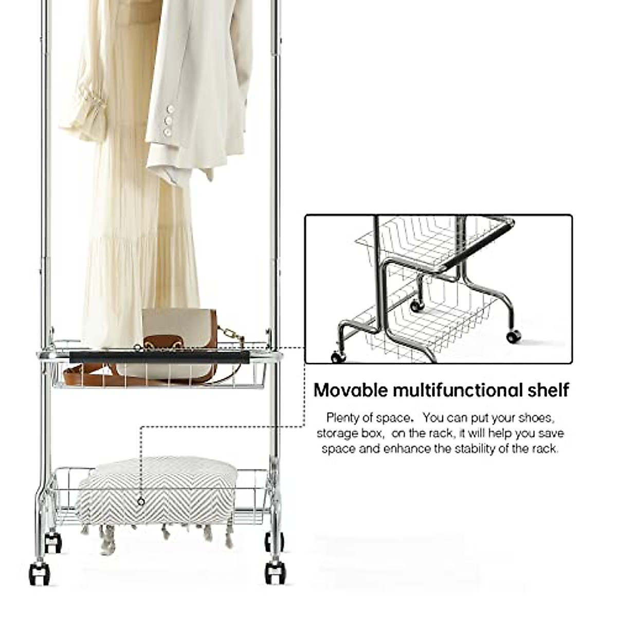 aixsponsa Rolling Clothes Rack with 2 Tier Basket, Freestanding Clothing Racks for Hanging Clothes, Metal Garment Rack with Wheels, Chrome