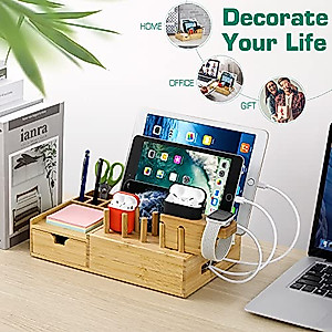 Bamboo Charging Station for Multiple Devices - Darfoo Desktop Docking Station Organizer Compatible with Cell Phones, Tablet, Smart Watch & Earbuds (Included 6 Mixed Cables, No USB Charger)