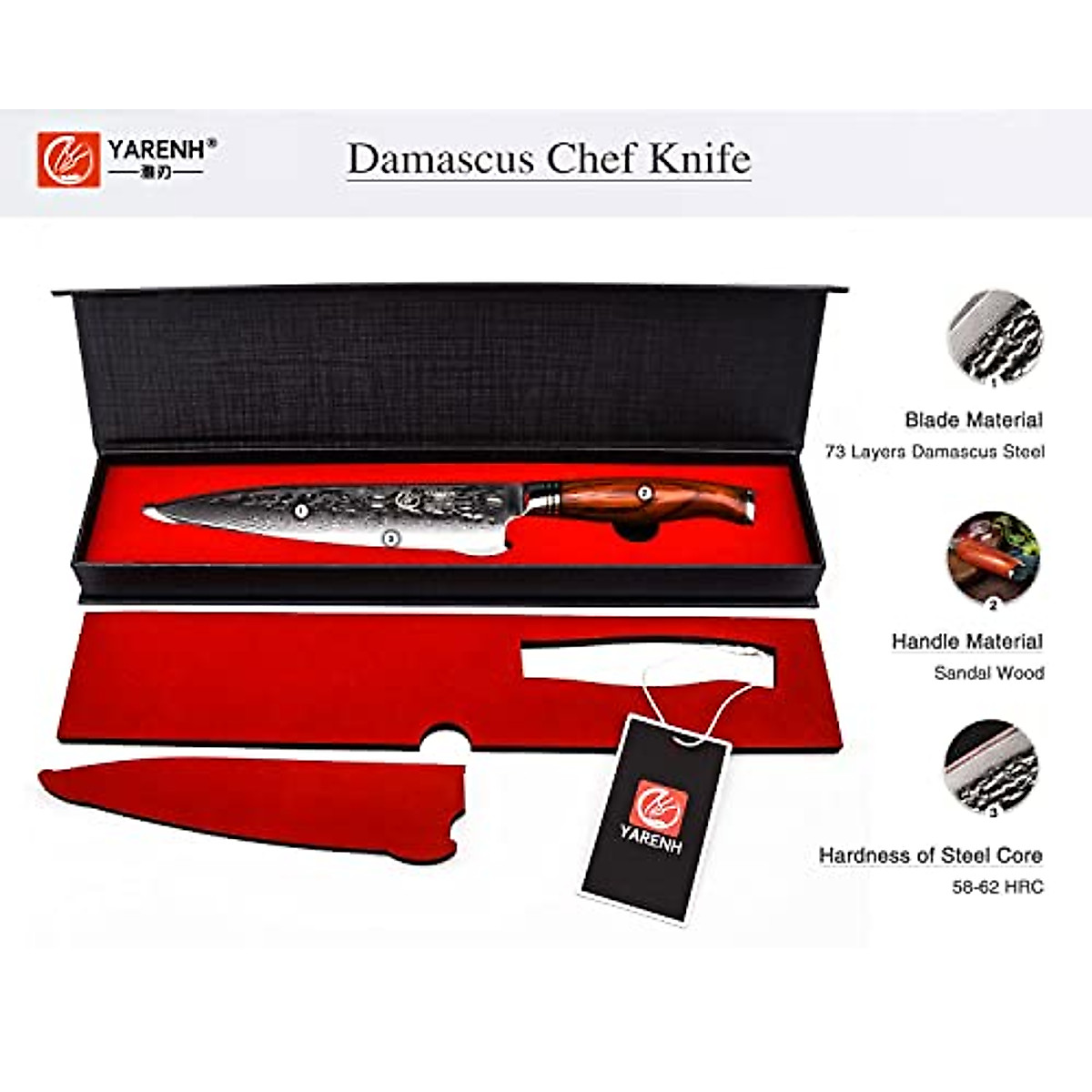 YARENH Chef Knife, 8 inch Professional Kitchen Knife,Sharp Damascus Stainless Steel Blade,73 Layers,High Carbon,Full Tang,Dalbergia Wood Handle,Gift Box Packaging,HTT-Series