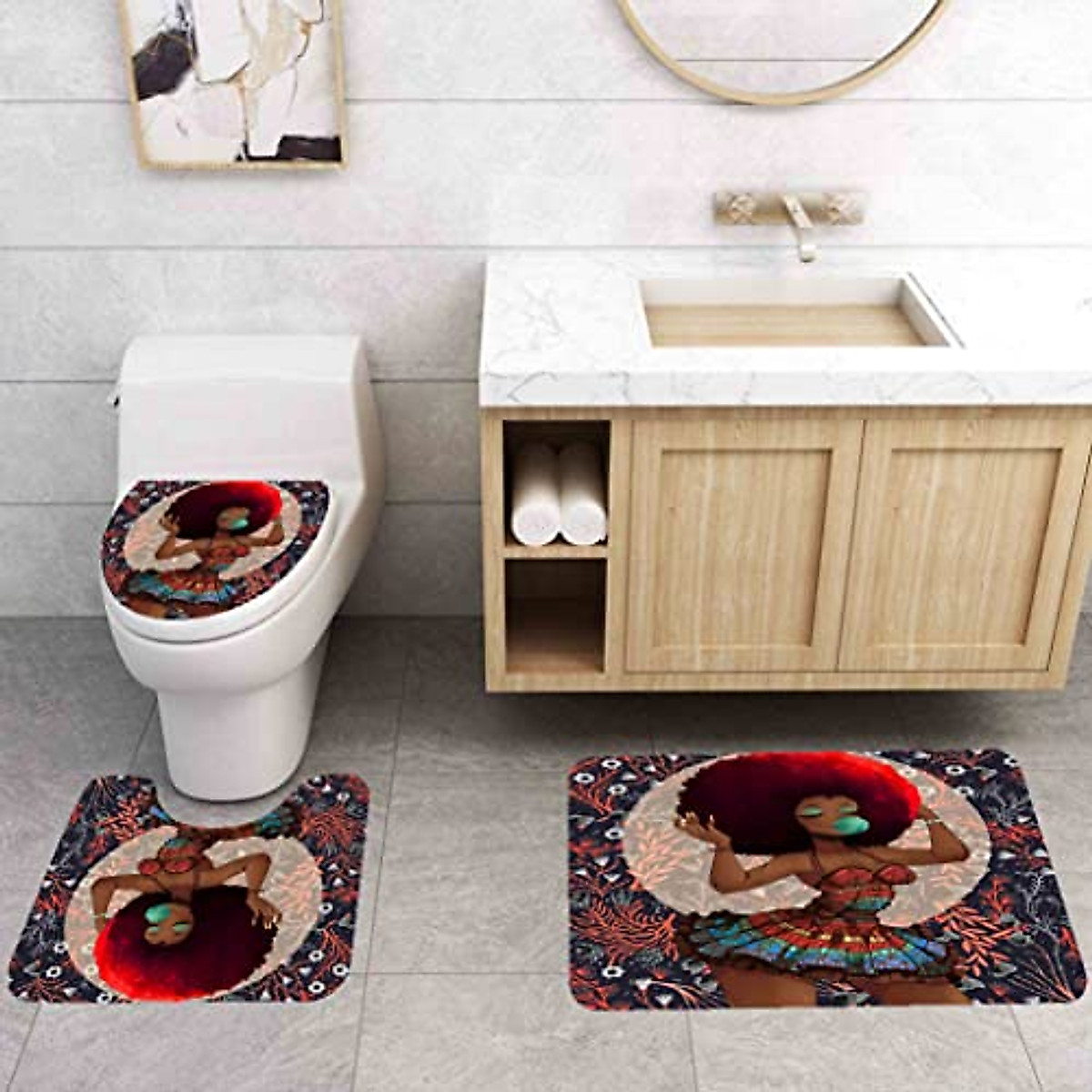 4 Pcs Durable Fabric African American Bathroom Shower Curtain Set,Bathroom Sets with Black Girl Shower Curtain and Rugs，with Toilet Lid Cover and Bath Mat