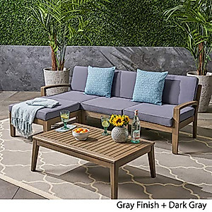 Christopher Knight Home Grenada Sectional Sofa Set | 5-Piece 3-Seater | Includes Coffee Table and Ottoman | Acacia Wood Frame | Water-Resistant Cushions Dark Gray, Finish