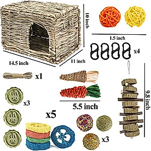 Extra Large House for Rabbits, Hand Crafted Natural Grass Bed Hideaway Hut with Chew Toys for Play Sleep Bunny Guinea Pig Chinchilla Ferret