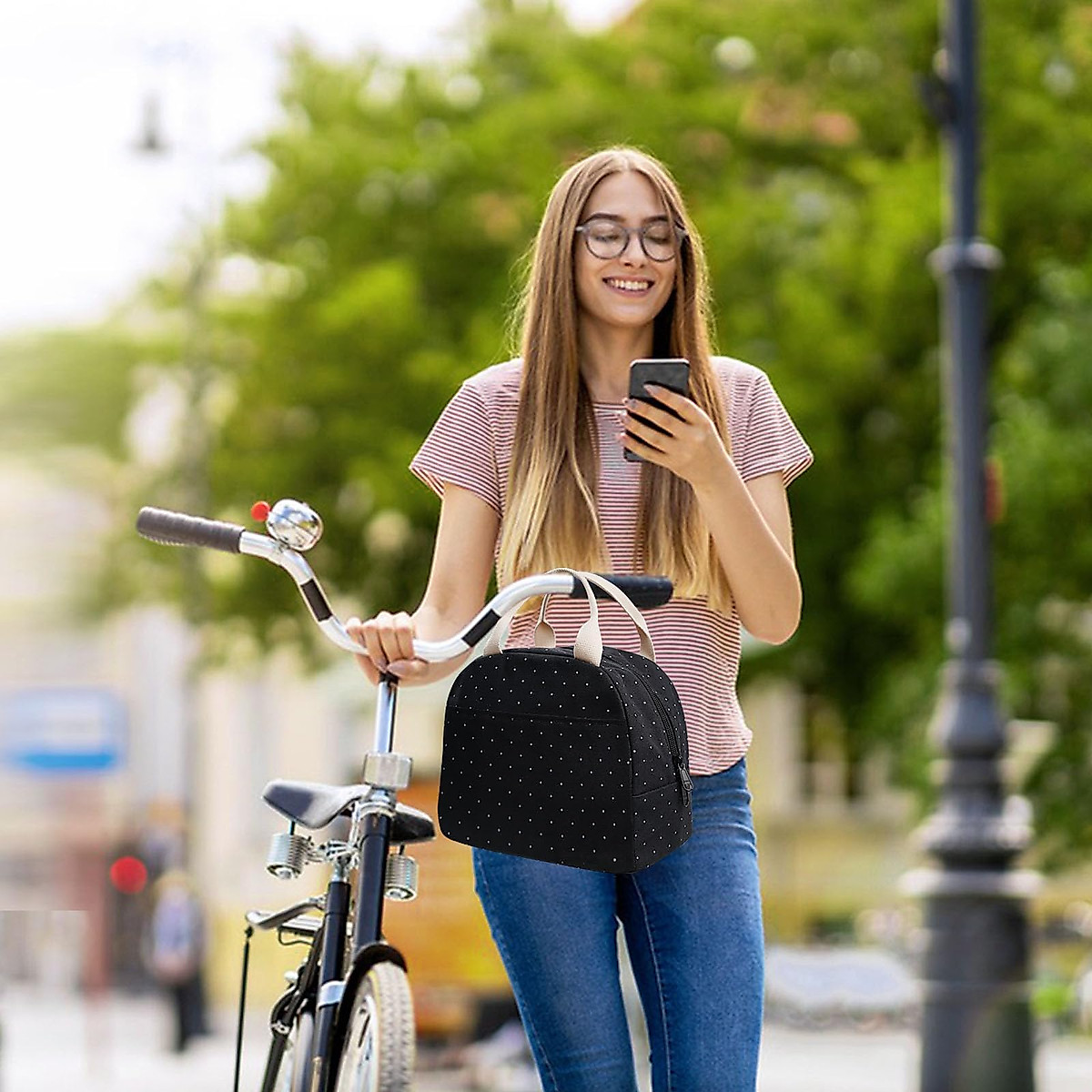 EurCross Upgraded Compact Black Lunch Bag for Girls Women,Canvas Reusable Polka Dot Lunch Tote Box Bag for Work School