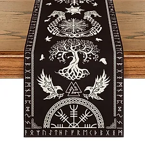 Artoid Mode Black Viking Tree of Life Raven Helmet of Awe Table Runner, Seasonal Kitchen Dining Table Decoration for Home Party Decor 13x72 Inch