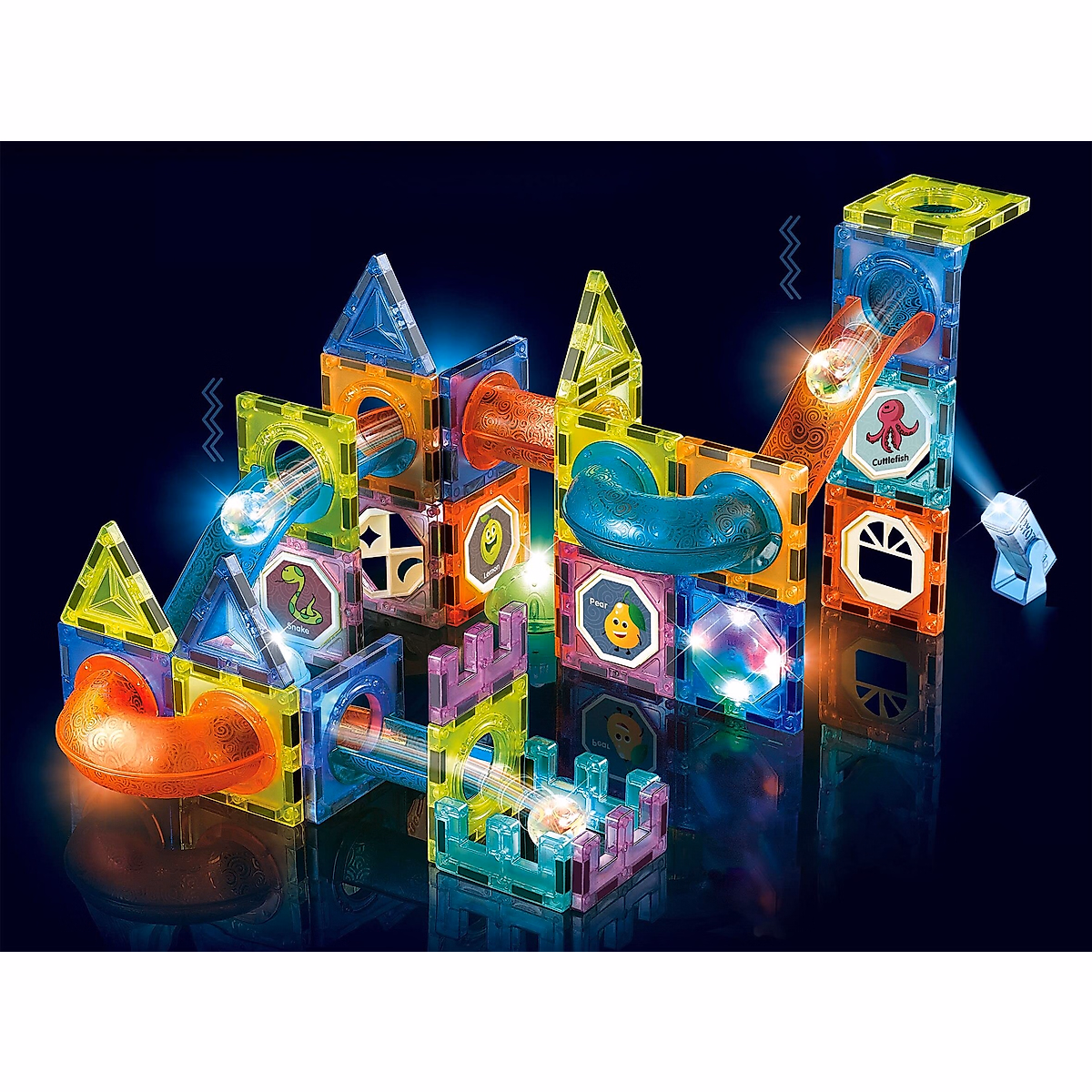 Unique Kids Magnetic Tiles Building Blocks with Marble Run - Engaging STEM/STEAM Toys for Boys and Girls - Perfect Christmas or Birthday Gift (75 pcs)