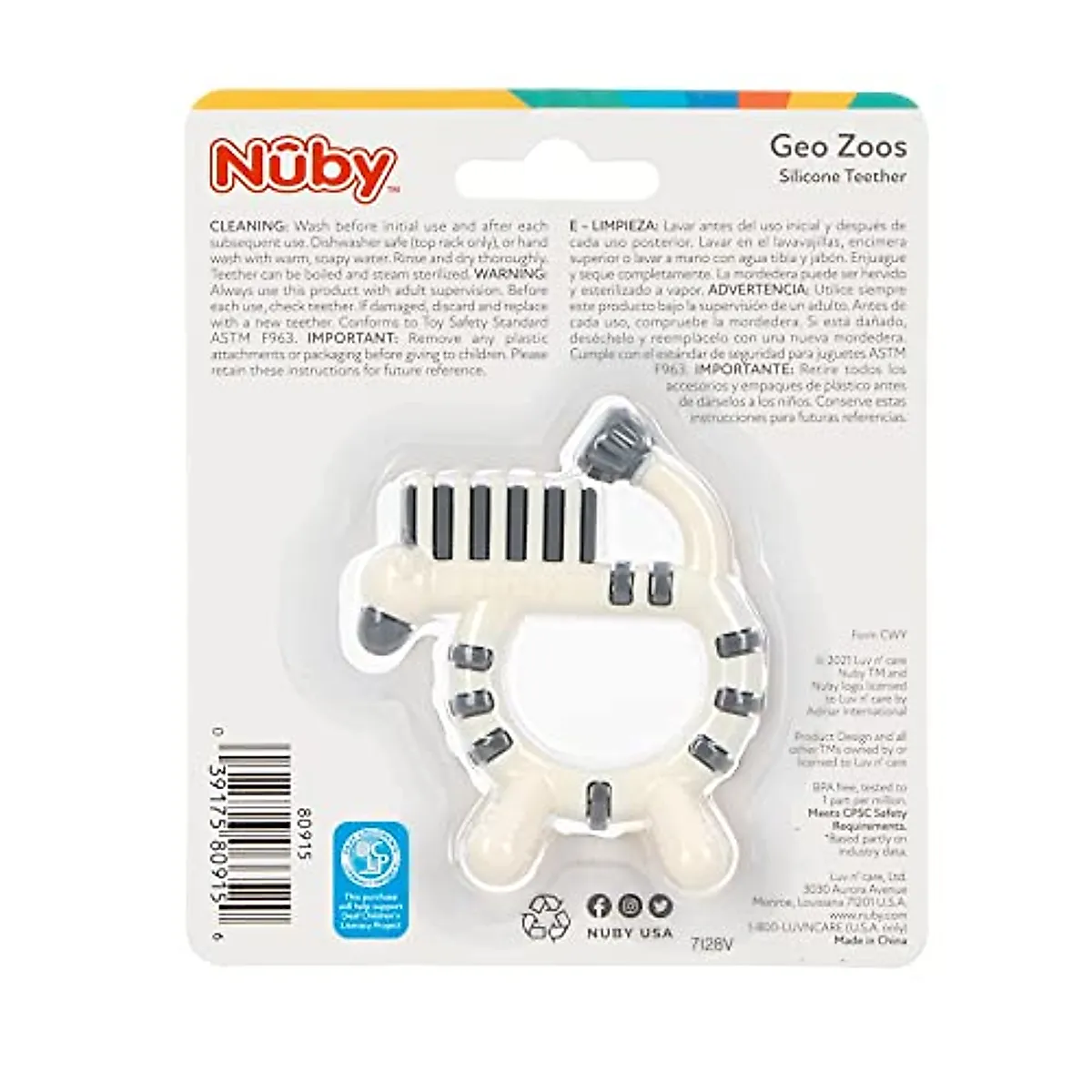 Nuby Geo Zoos Massaging Silicone Teether with Multiple Textures, 3m+, Zebra