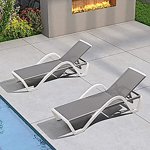 PURPLE LEAF Patio Chaise Lounge Chairs Set of 2 Outdoor Plastic Textilene Lounger 6 Adjustable Positions Sun Bathing Tanning Recliners for Pool Outside Beach in-Pool Lawn Poolside, Grey