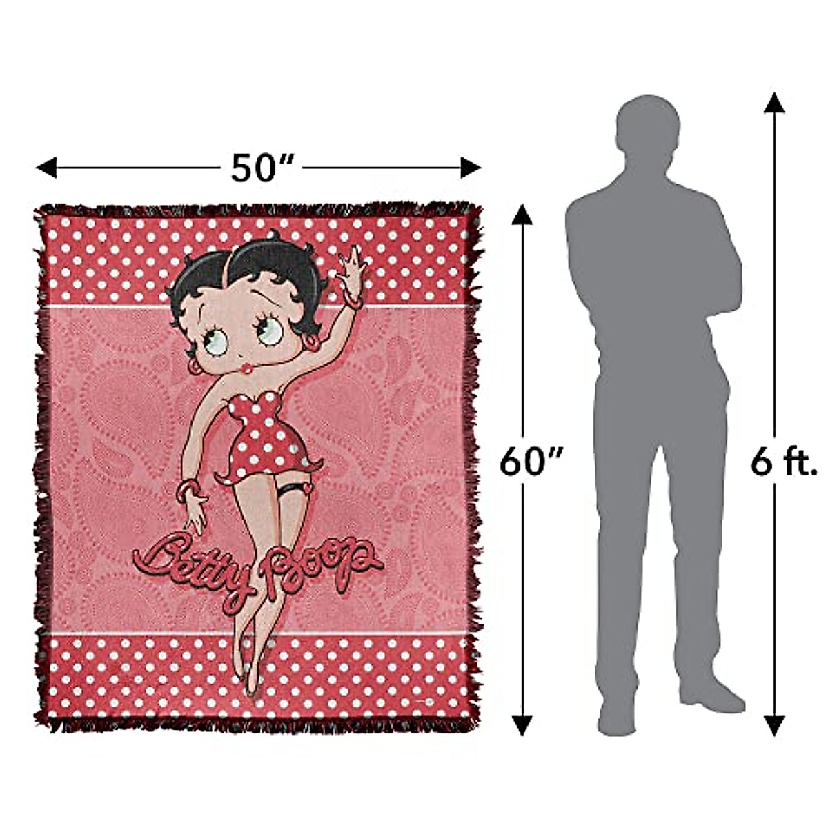 LOGOVISION Betty Boop Blanket, 50"x60" Paisley & Polka Dots Woven Tapestry Cotton Blend Fringed Throw