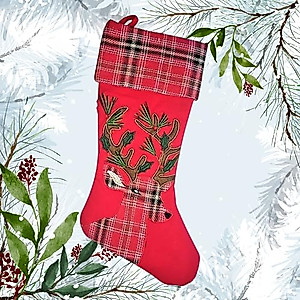 Deer Christmas Stockings for Rustic Cabin Camp Lodge Decor - 18" Embroidered Reindeer, Holiday Red Plaid