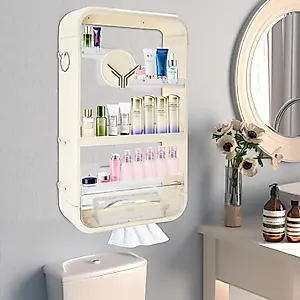 HOLMZCED Wall Storage Rack with Open Storage, Floating Cosmetics Rack with Large Capacity Wall Mounted Storage Shelf with Tissue Hole 4 Tiers Makeup Organizer with Hooks Beige for Bathroom Bedroom