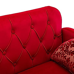 55" Small Velvet Couch with Elegant Moon Shape Pillows, Twin Size Loveseat Accent Sofa with Golden Metal Legs, Living Room Sofa with Tufted Backrest, 600 Pounds Weight Capacity (Red)
