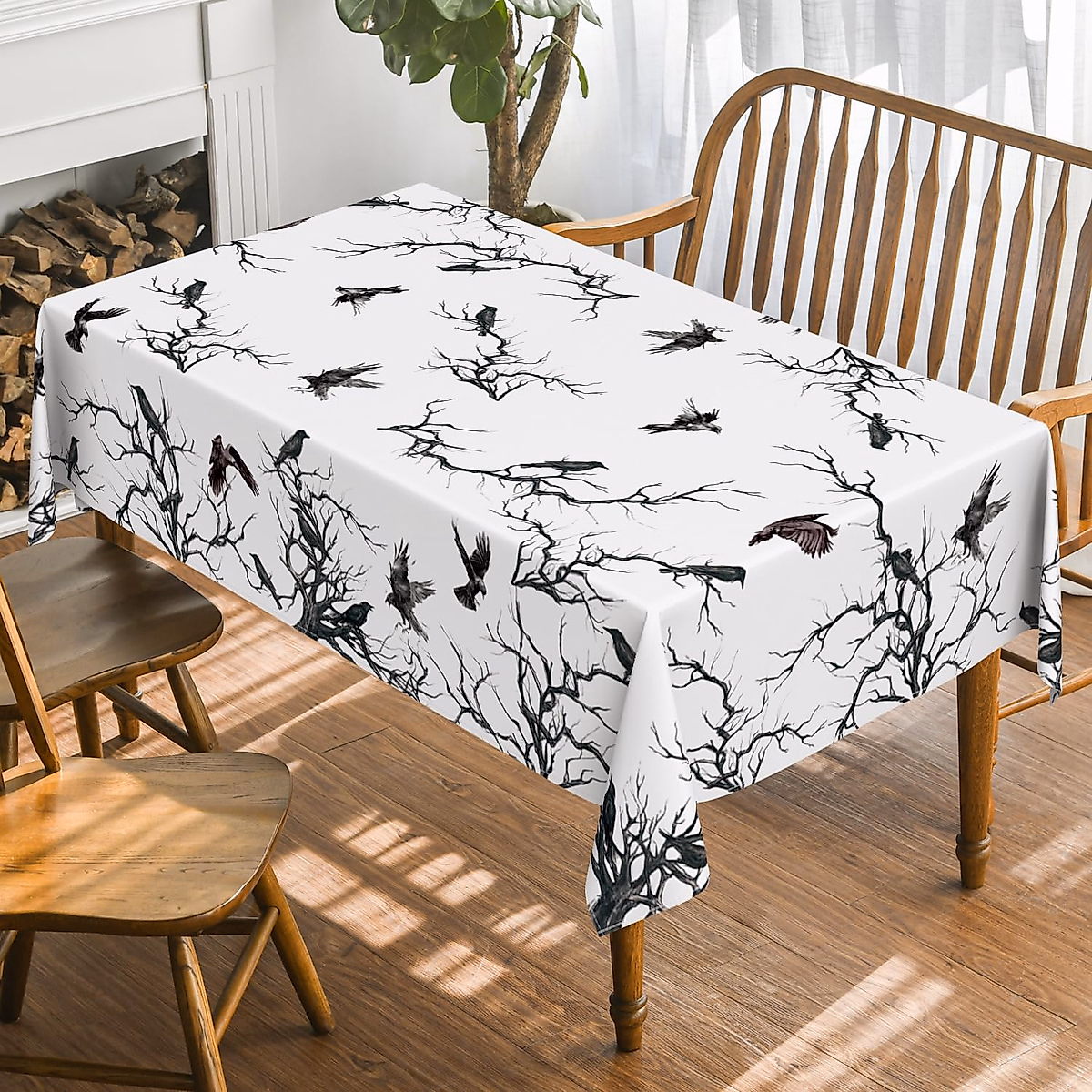 Horaldaily Halloween Tablecloth 60x84 Inch Rectangular, Crow Tree Washable Table Cover for Party Picnic Dinner Decor