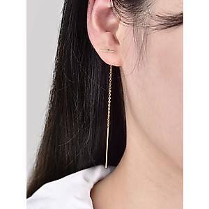 Gold Bar Threader Earrings Silver Simple Long Chain Dangling Drop Minimalist Tassel Double Piercings Pull Through Earrings