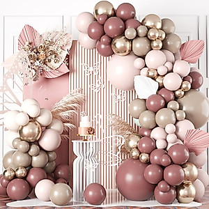 Dusty Pink Beige Gold Boho Balloon Garland Arch Kit, Neutral Blush Nude Tan Champagne Gold Double Stuffed Balloon Arch Kit for Women Birthday Wedding Baby Bridal Shower Engagement Party Decorations
