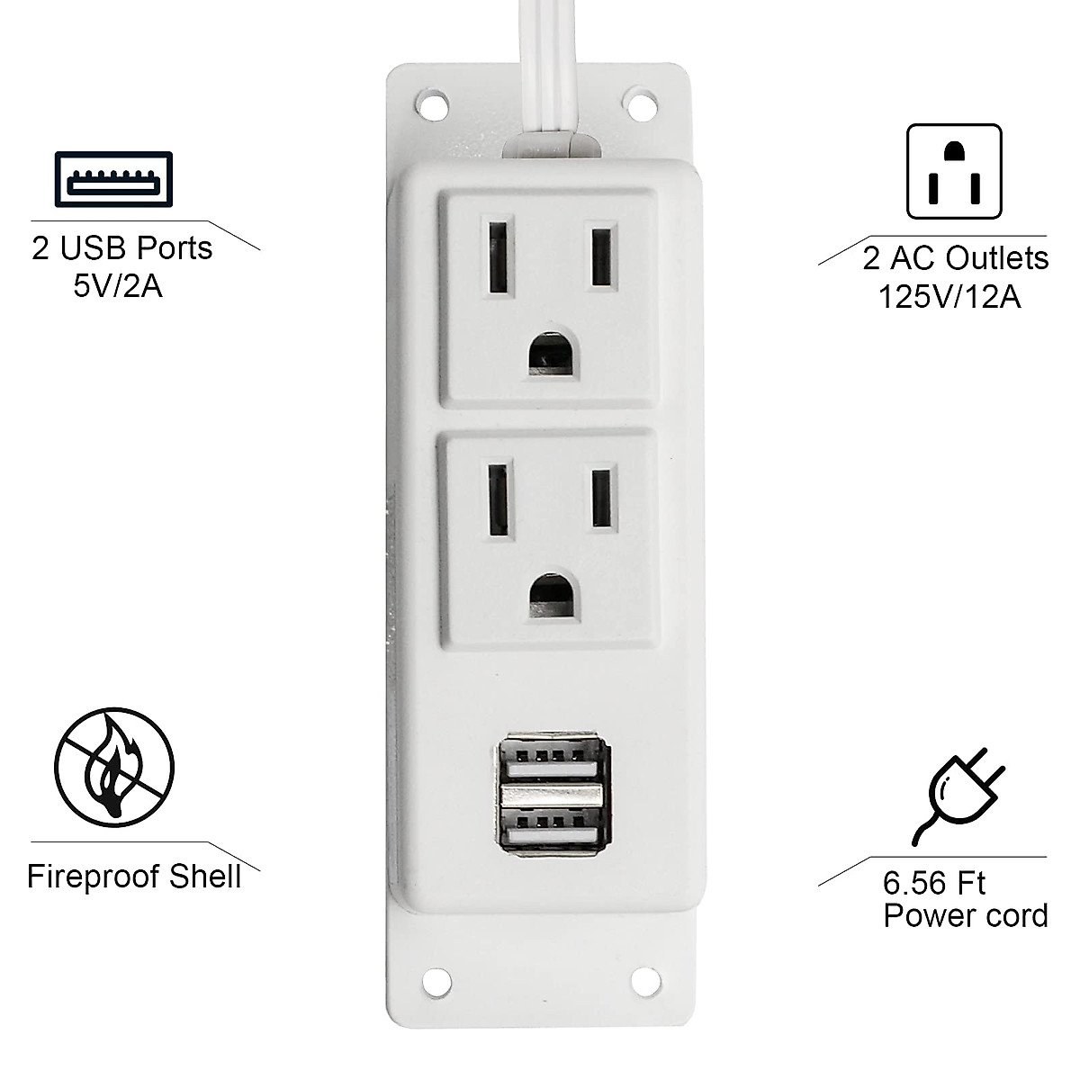 Power Strip with USB, BTU Wall Mount Power Outlet with 2 AC Outlets, 2 USB Ports, 6.56ft Extension Cord, Mountable Under Desk, Workbench, Nightstand, Dresser, Table