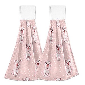 KEEPREAL Pink Pig Kitchen Towels Set of 2, 12 X 17 in Soft Hand Towels or Dishcloths with Hanging Loop, Absorbent Hand Towel for Bathroom Kitchen Décor