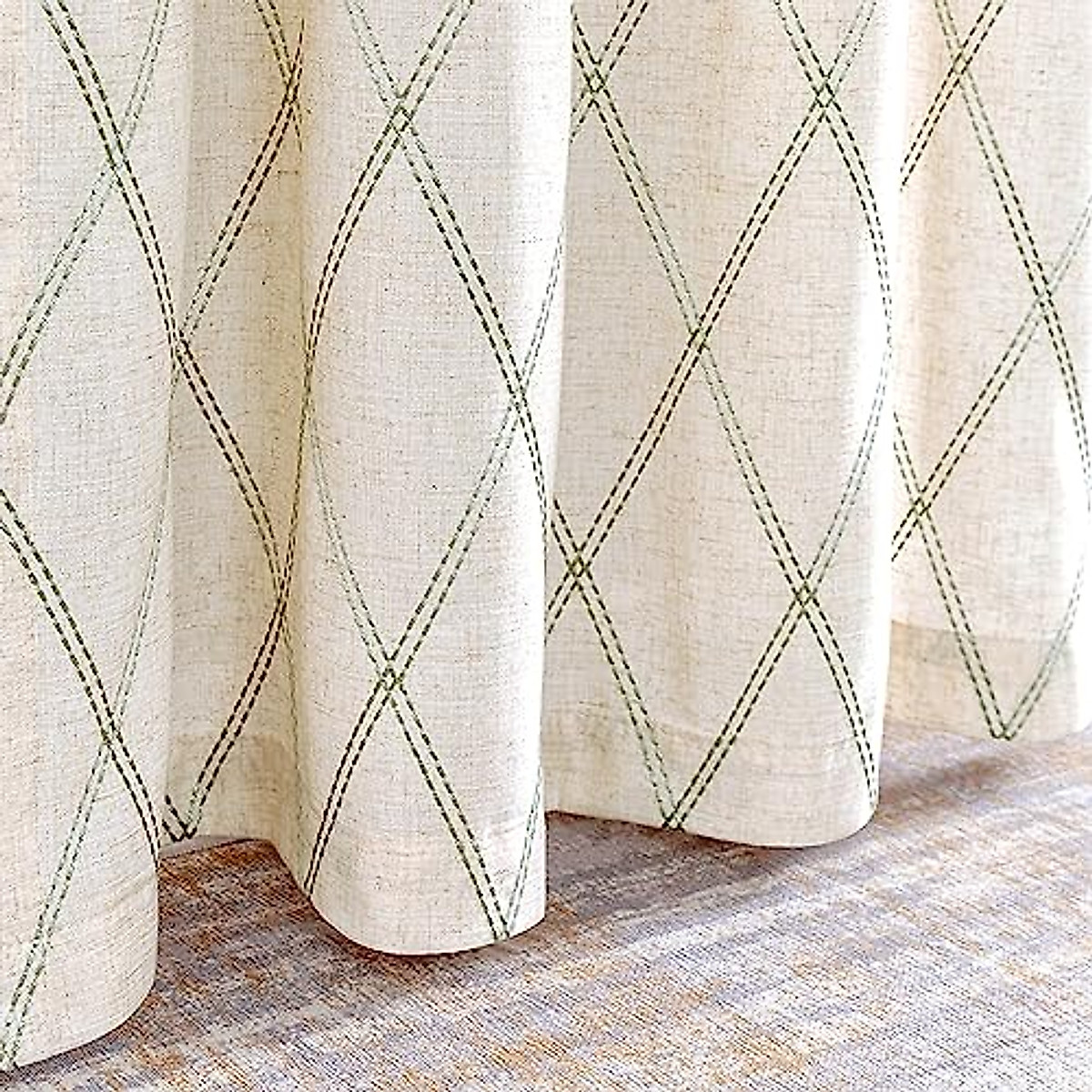 jinchan Linen Curtains for Living Room Green Diamond Embroidered Curtains Geometric Patterned Window Drapes Flax Window Treatment Set for Bedroom Grommet Curtains 84 Inches Long 2 Panels