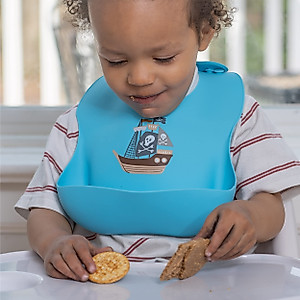 Beanie Kate Silicone Feeding Bib,Durable Pocket Adjustable Strap BPA Free Silicone Waterproof Easy Cleanup Comfortable for Babies & Toddlers (Pirate Ship),Blue,6 month2 years