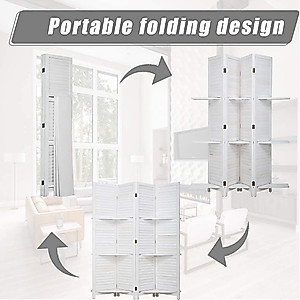 69" H Room Dividers and Folding Privacy Screens, 4 Panel Wooden Room Divider, Partition Room Dividers with 3 Removable Storage Shelves, Portable Room Divider for Home Office Bedroom Divider, White