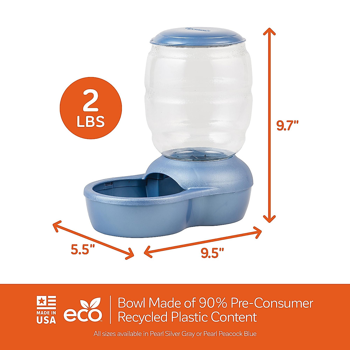 Petmate Replendish Gravity Feeder W/Microban, Pearl Peacock Blue, 2 LB, Made in USA