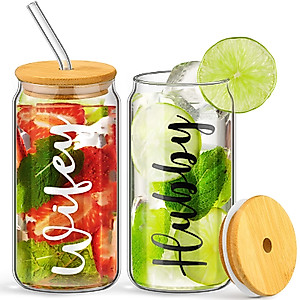2 Pcs Hubby and Wifey Drinking Glasses 16 oz Beer Cup with Bamboo Lids and Glass Straws Bridal Shower Gift Can Shaped Iced Coffee Cup Glass Tumbler Engagement Gifts for Women Drinking Jars