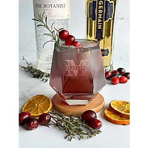 Customizable Monogram 11.5 Oz Etched Stemless Diamond Shaped Stemless Wine Glass Engraved Personalized with Initial and Name, Geometric Rocks Whiskey Glass (2 Pack)